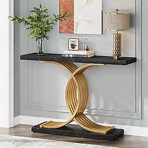 Tribesigns Gold Entryway Table, Modern 39-Inch Console Table Accent Table with Geometric Metal Legs, Faux Marble Narrow Wood Sofa Table Foyer Table for Entrance, Living Room (Gold & Black)