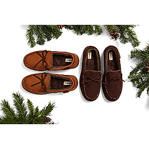 Dearfoams Men's Microsuede Moccasin with Tie Slipper, Chestnut, Medium