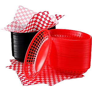 Potchen 80 Pcs Plastic Fast Food Basket with 200 Liners for Serving Hot Dog Baskets and Liners for Summer Birthday Party Serving Baskets Food Paper for Food Hot Dog