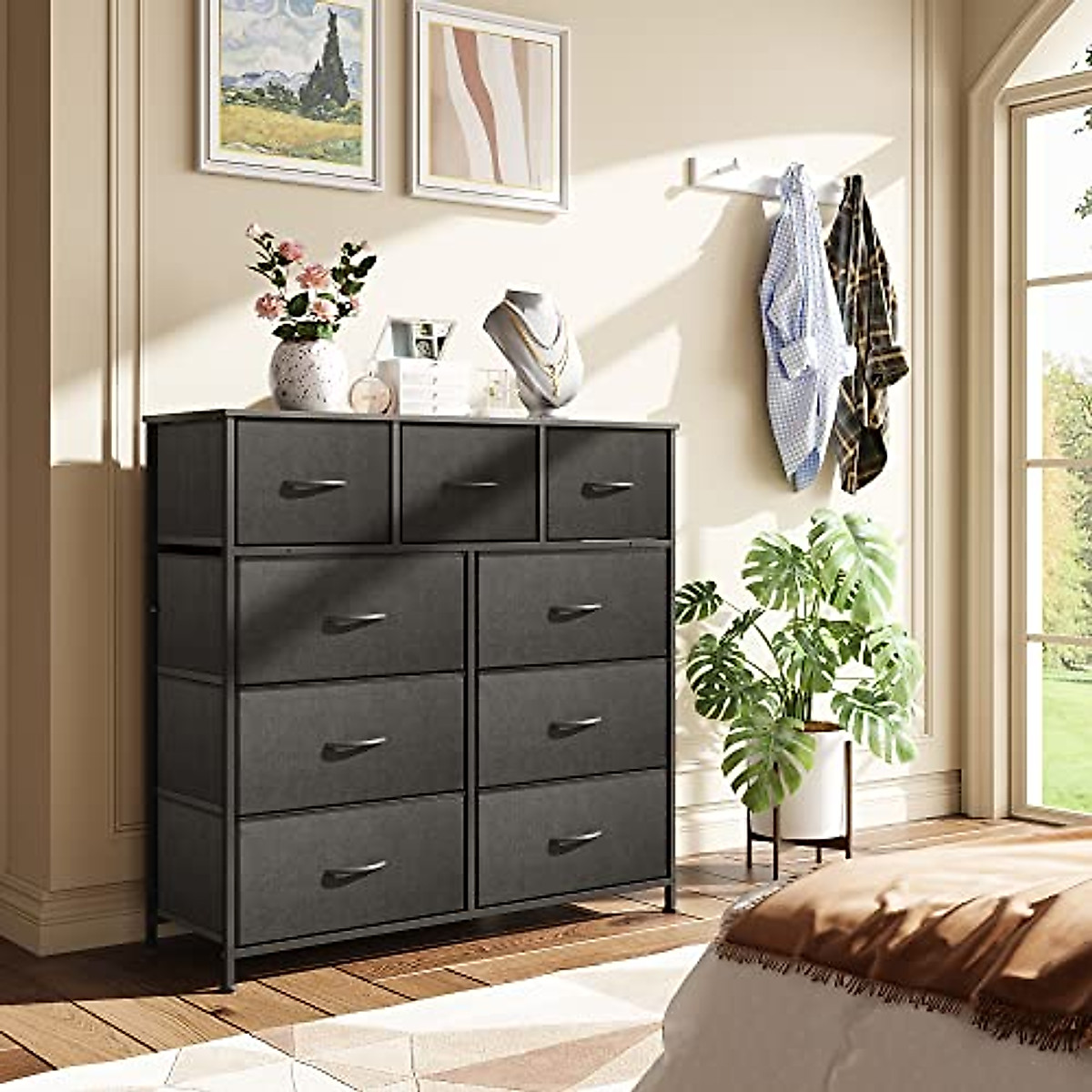 WLIVE 9-Drawer Dresser, Fabric Storage Tower for Bedroom, Hallway, Nursery, Closets, Tall Chest Organizer Unit with Textured Print Fabric Bins, Steel Frame, Wood Top, Easy Pull Handle, Charcoal Black