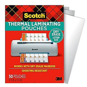 Scotch Dry Erase Thermal Laminating Pouches, 50-Pack, Works with Dry Erase Markers, Reuseable Worksheets, Calendars, Checklists, 8.9 x 11.4 Inches, Letter Size, Clear Professional Finish (TP3854-50DE)