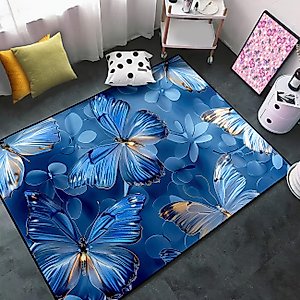 Butterfly Rug - Blue Butterfly Rugs for Girls Bedroom Living Room Kids Room Decor Modern Dreamy Butterfly Theme Carpets Floor Polyester Yoga Mat, 2'5''×4'