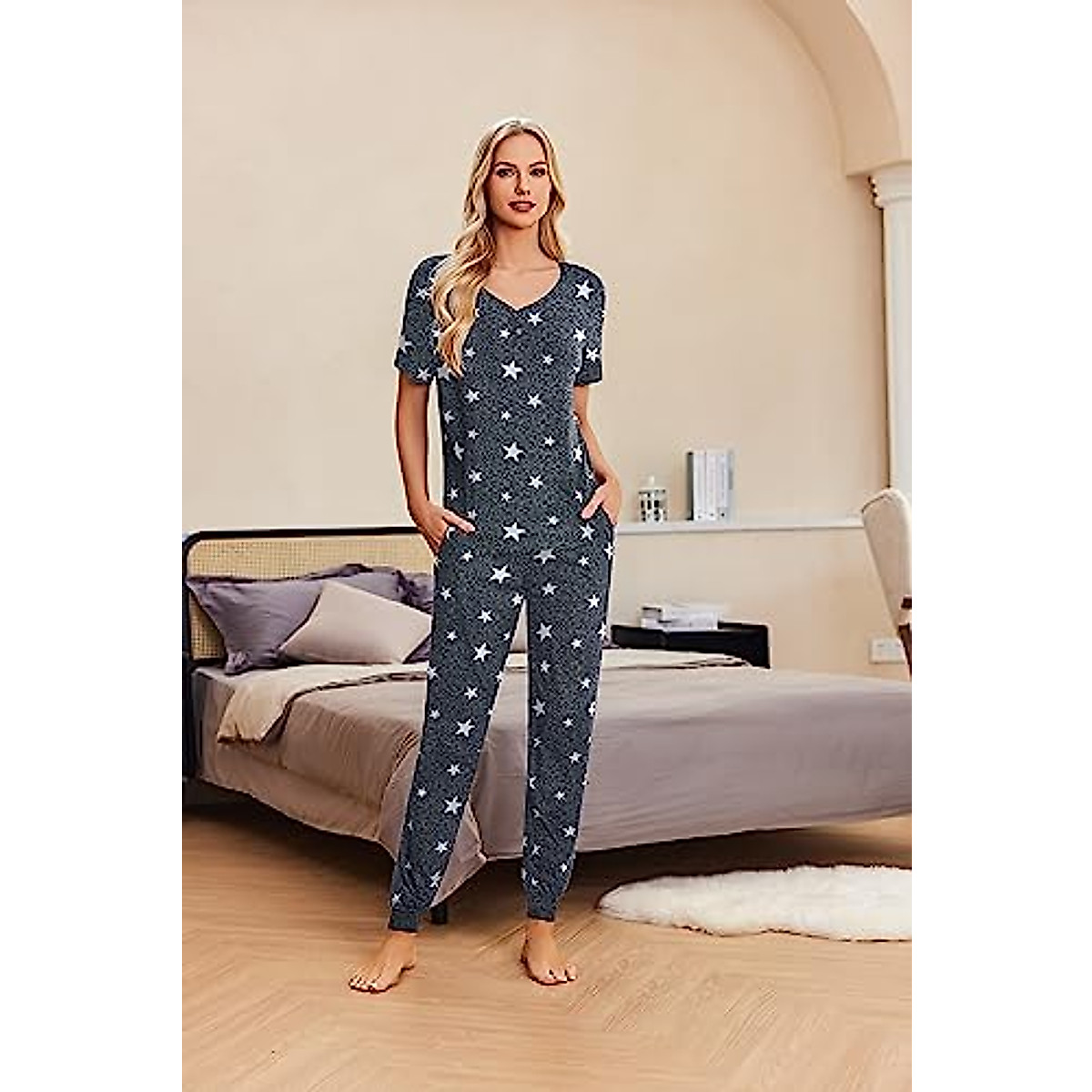 Ekouaer Womens Pajama Sets Short Sleeve Sleepwear Long Pants Soft Sleep Lounge joggers Pj Sets with Pockets