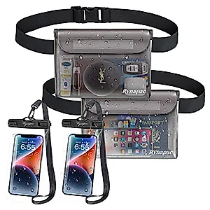 Waterproof Pouch and Cell Phone Case Set - Ideal for Beach Water Sports, Boating, Snorkeling, Kayaking, Rafting, Sailing - Includes 2 Clear Phone Dry Bags and 2 Fanny Packs, Perfect Cruise Essentials