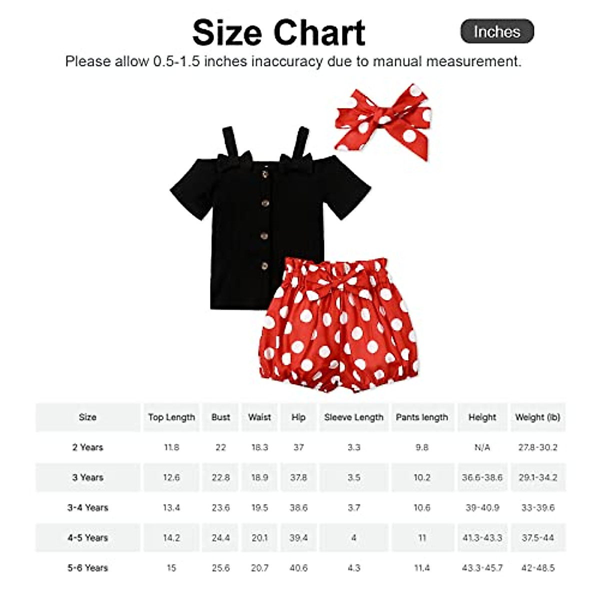 PATPAT Toddler Girl 3 Piece Outfit Button Front Short Sleeve Tee Top Shirt and Polka Dot Print Shorts Set Red 3 Years