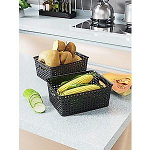 WYT Woven Storage Organizer Basket, 6-Pack Black Plastic Weave Baskets, 10.1 x 7.55 x 4.1