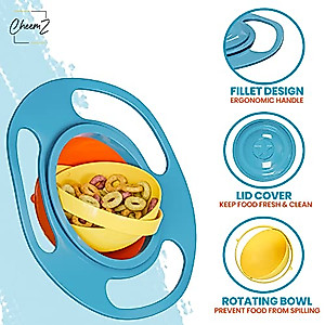 CheemZ Gyro Bowl for Toddlers-Baby Magic Bowl-360 for Kids Age 1 To 3 Years-Spill Resistant Bowls for Toddlers with Lid and 360 Bowl Rotations, Mess Free Snack Bowls for Toddlers, 17 x 17 x 7cm - Blue