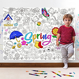Giant Spring Coloring Poster with 6 Stacking Crayons, Crafts Education Activity Jumbo Paper Poster Wall Art Coloring Poster Banner for Home School Classroom Party Supplies Favor, 43x 31Inch(Spring）