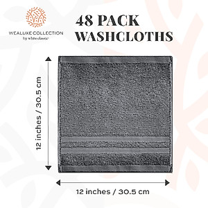 White Classic Wealuxe Grey Washcloths for Body and Face Towel, Cotton Wash Cloths Bulk 48 Pack, Wash Clothes 12x12 Inch, Soft Absorbent Gym Towels