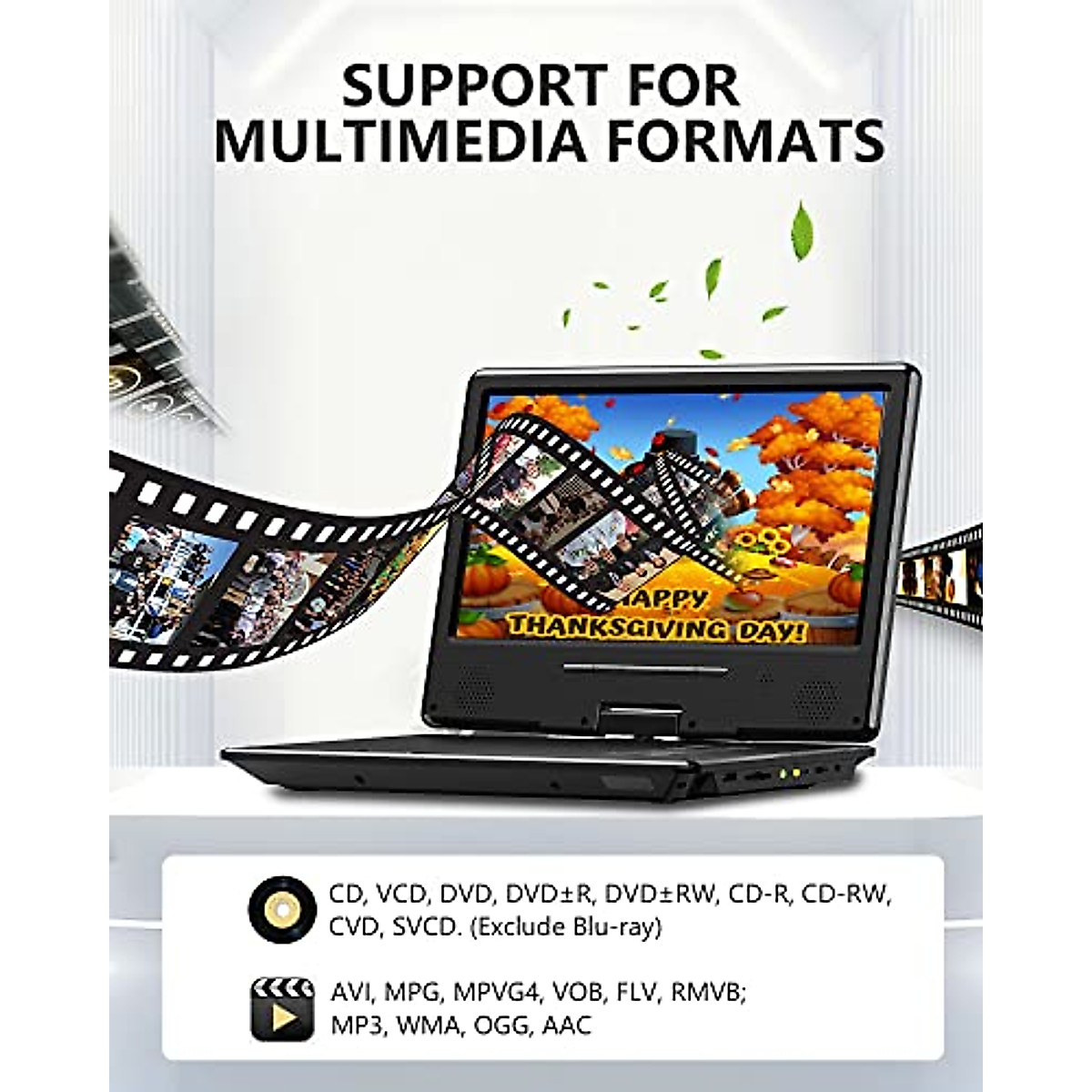 12.5" Portable DVD Player with 10.1" Large HD Swivel Screen, 5-Hour Built-in Rechargeable Battery, Car Headrest Case, Car Charger, Support USB/SD Card/Sync TV, Black