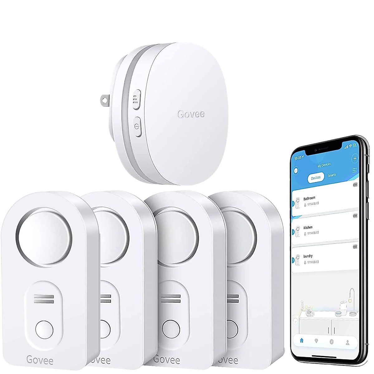 Govee WiFi Water Sensor 3 Pack, 100dB Adjustable Alarm Bundle with Govee Water Detector, 100dB Adjustable Audio Alarm Sensor