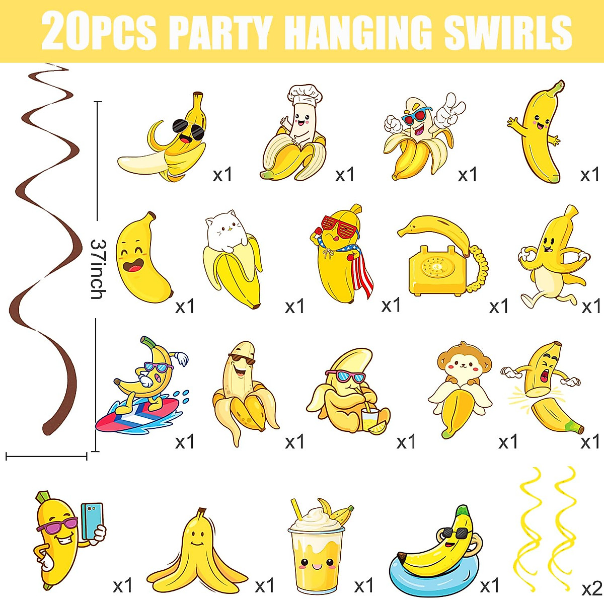 Banana Hanging Swirls 20Pcs Banana Party Decorations Banana Fruit Ceiling Swirls Banana Birthday Party Supplies Banana Cutout Streamers for Lets Go Bananas Baby Shower Decor