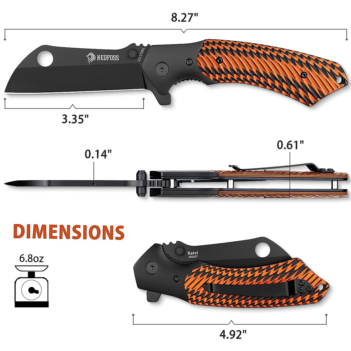 NedFoss Ratel Pocket Knife - 3.4" D2 Steel Black PVD Blade, G10 Handle, Folding Knife w/Clip, Cleaver EDC Knife & Gift for Men.