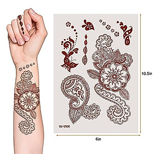 AHIER Henna Tattoo, 6 Sheets Henna Stickers, Waterproof Red Henna Tattoo Stickers for Women