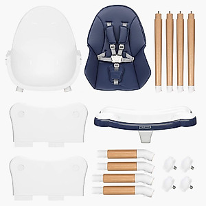 JOYMOR 5-in-1 Convertible Baby High Chair for Babies and Toddlers, Table and Chair Set, Wooden Infant Eating Highchair with Leather Seat Cushion, 4-Position Removeable & Adjustable Tray (Blue)