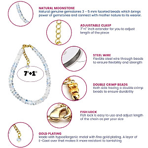 Gempires Rainbow Moonstone Beaded Bracelet, Faceted Beads 4-5 mm, Moonstone Crystal Bracelet for Women, June Birthstone, Gift for Her, 14k Gold Plated 8 inches Adjustable Chain