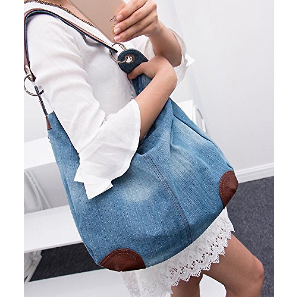 Dreams Mall(TM Women's Handbag Denim Purse Hobo Tote Top Handle Jean Shoulder Crossbody Bags,Light Blue