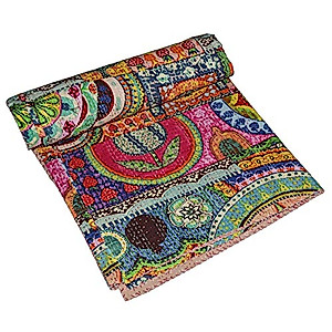 Maviss Homes Indian Traditional Handmade Patchwork Cotton Super Soft Kantha Quilt Blanket | Throw Bedspread Blanket | Bedroom Décor Throw Quilt |Home Décor; Multicolour