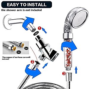 AmasSmile® High Pressure Shower Head with 59” Hose and Bracket, Ionic Filter Filtration Vortex Turbo Water Saving 3 Mode Function Spray Turbocharged Hydro Jet Handheld Showerheads for Dry Skin & Hair