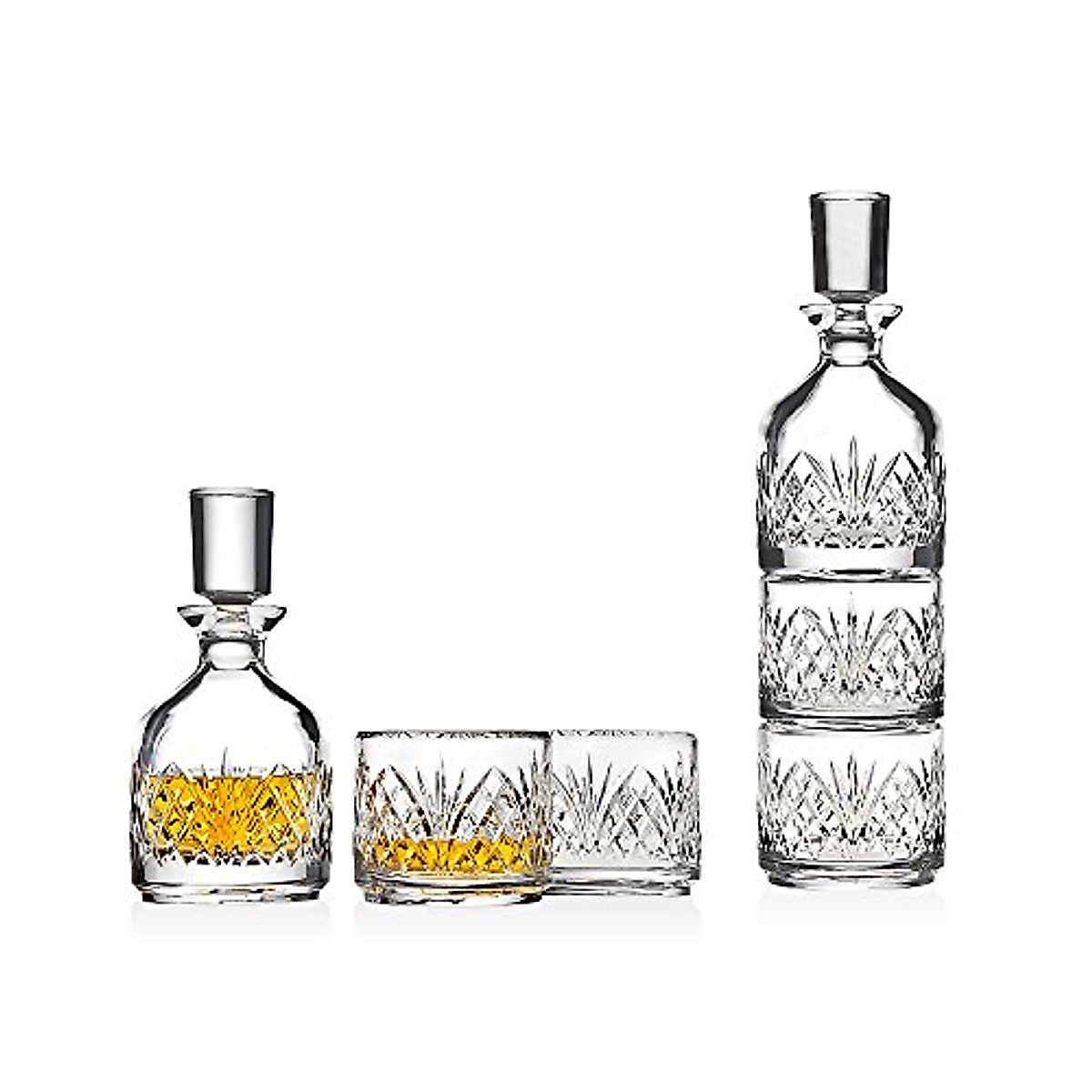 Godinger Stackable Whiskey Decanter and Whisky Glasses Dublin 3 pc set, for Liquor Scotch Bourbon or Wine