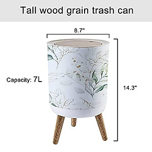 Small Round Trash Can Watercolor Floral Botanical Green Gold Leaves Branches Recycle Bins with Press Top Lid Dog Proof Wastebasket for Kitchen Bathroom Bedroom Office 7L/1.8 Gallon