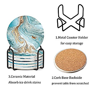 Coasters for Drinks with Holder Set of 6,Marble Blue Ocean Style Absorbent Ceramic Coasters with Cork Base,No Scratched and Soiled