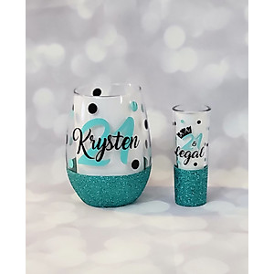 Glitter Birthday Wine Glass, Glitter Birthday Shot Glass, Age + Name (Wine + Shot)