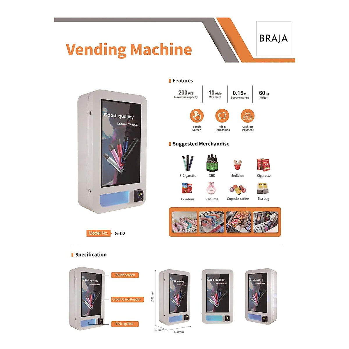 Wall mounted 32" touch screen vending machine - age verification, NAYAX cashless and cloud software INCLUDED