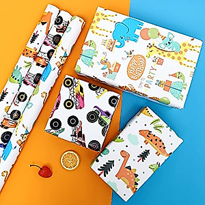 BULKYTREE Birthday Wrapping Paper for Boys Kids, Recycled Gift Wrapping Paper, Happy Animals, Cute Dinosaur, Monster Truck Gift Wrap for Birthday Baby Shower and Holiday - 3 Pack, 18 x 120 Inch Per Roll