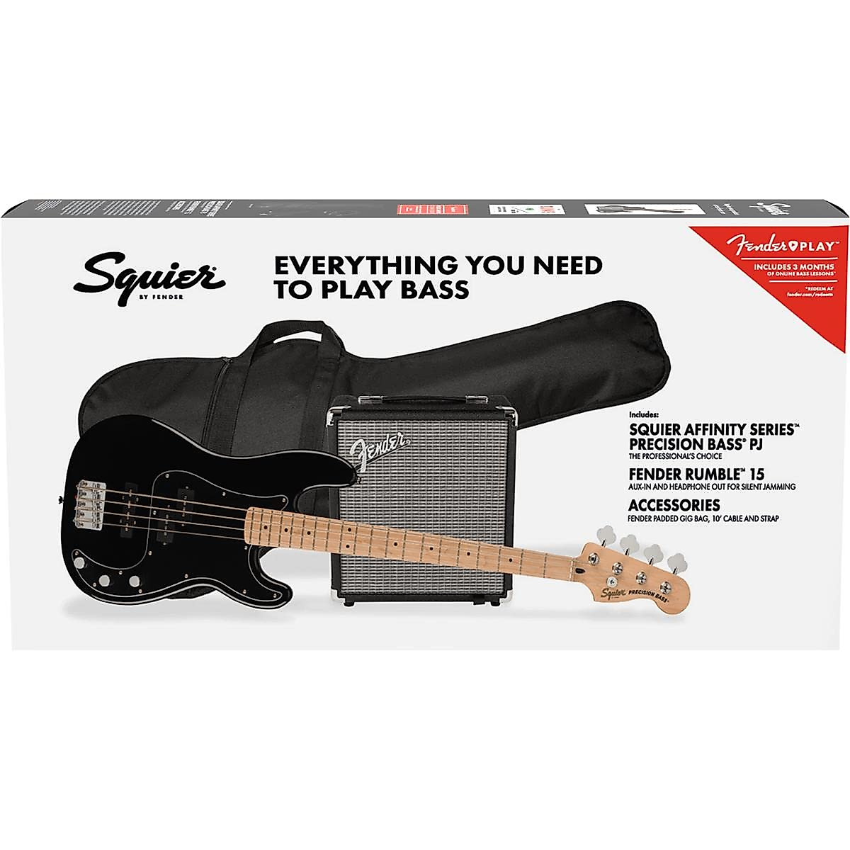 Squier by Fender Precision Bass Guitar Kit, Affinity Series, Laurel Fingerboard, Black, Poplar Body, Maple Neck, with Guitar Bag and Rumble 15 Amp Bass Amp, Cable, Guitar Strap and More
