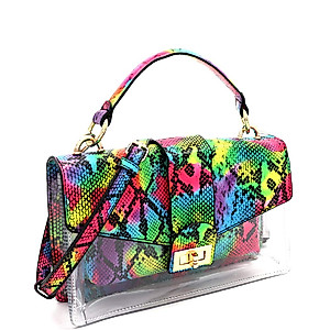 Multicolor Snake Print Pouch Clear Chain 2 Way Shoulder Bag Crossbody Stadium (1Medium Top-Handle Clear Satchel - Red Multi)