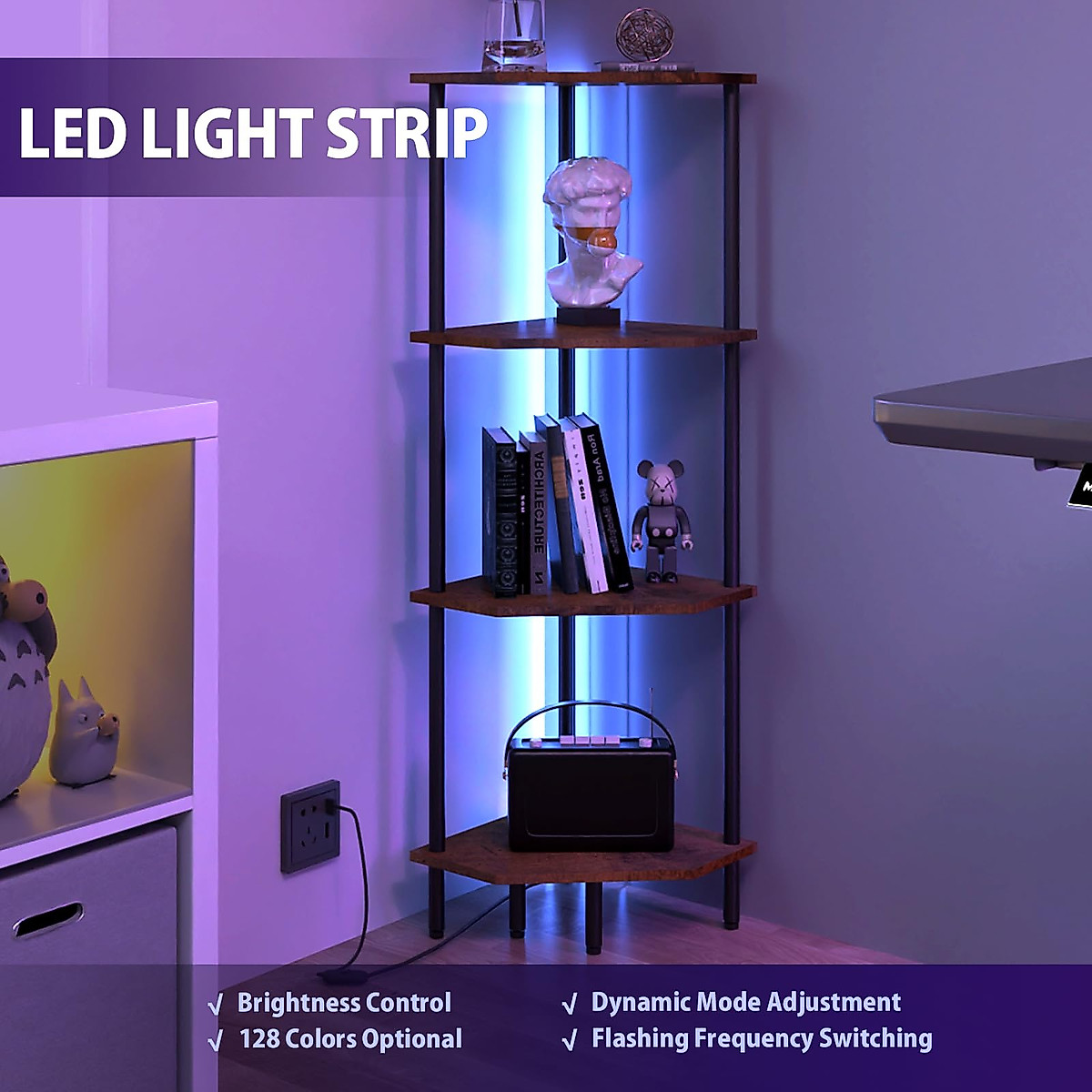 4 Tier Corner Shelf with LED Light,Tall Corner Wall Shelf, Display Shelf,Narrow Bookshelf,The Classic Combination of Rustic Brown and Black Standing Shelf,Suitable for Bedroom,Living Room,Kitchen