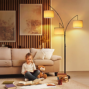 OUTON Arc Led Floor Lamp, Modern Black 3 Light Tall Floor Lamp for Bedroom, 2400lm Mid Century Adjustable Standing Corner Lamps for Living Room Office, 3 LED Bulbs Included, White Lampshade