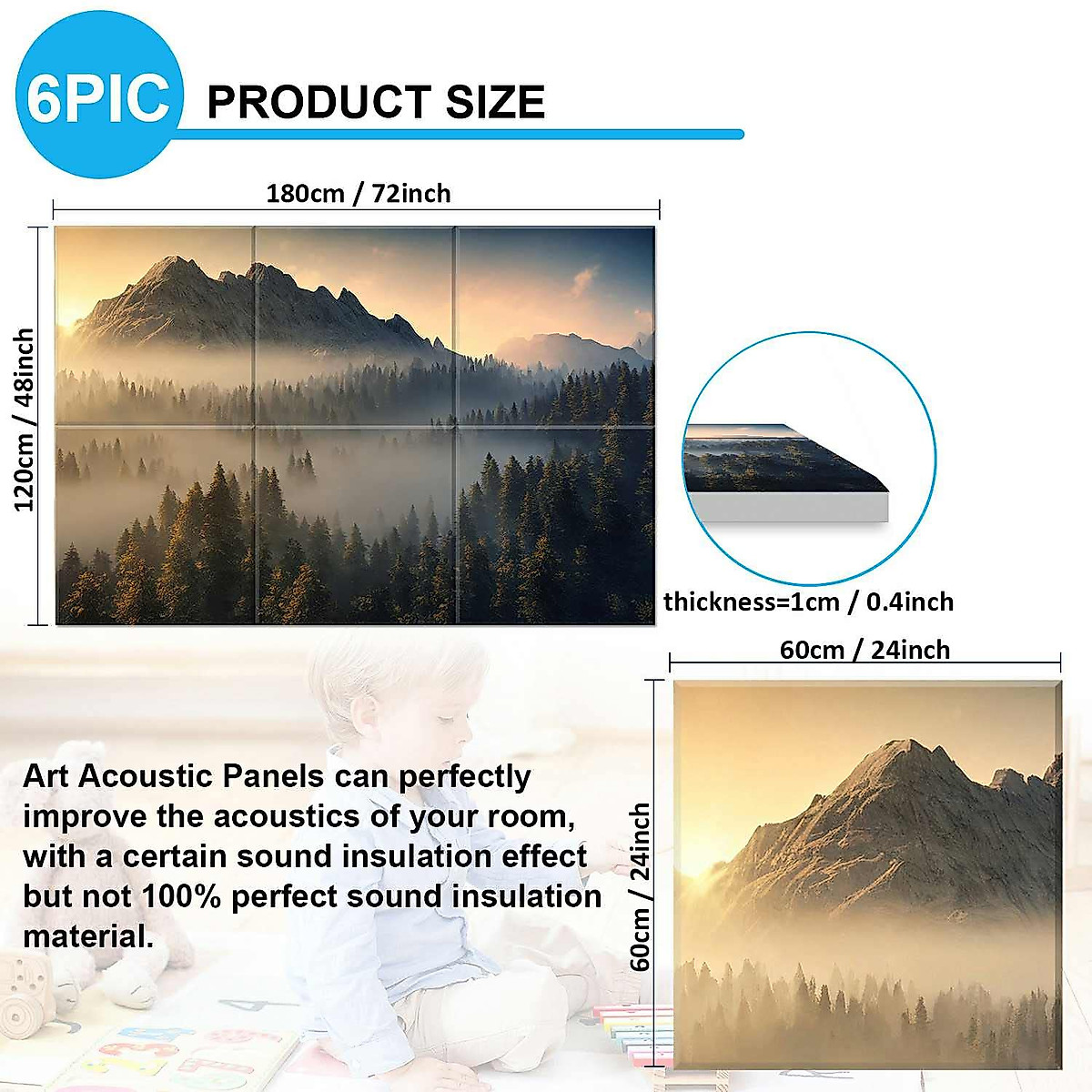 JBER Art Acoustic Panels Decorative, 6 Pack Acoustic Panels Art for Wall Decoration with Self Adhesive, Suitable for Recording Studio, Home Soundproof Wall Panels, 72x48inch (Misty Forest)