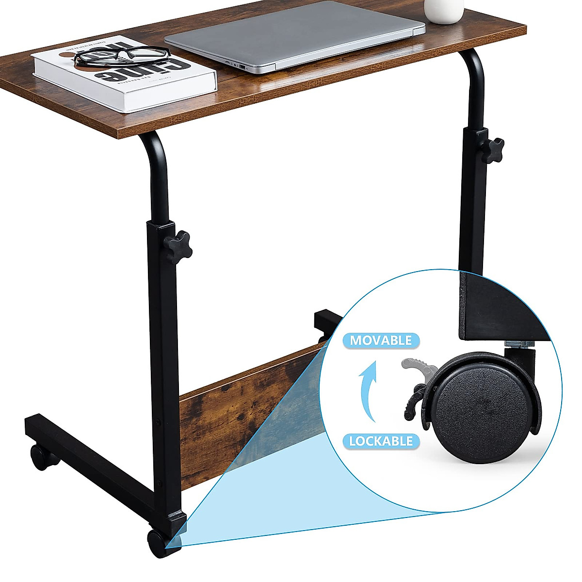 Karl home Mobile Side Table 31.5 Inch Computer Desk with Wheels Height Adjustable Rolling Potable Laptop Cart, C-Shaped Bed Couch End Tables with Edge Stopper for Livingroom Bedroom, Rustic Brown