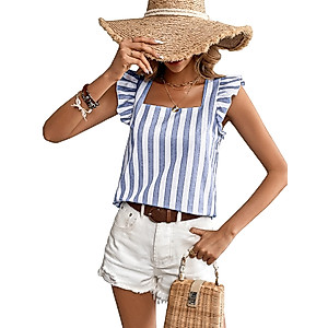 WDIRARA Women's Striped Ruffle Cap Sleeve Square Neck Boho Summer Blouse Casual Top Blue and White M