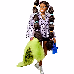 Barbie Extra Doll & Accessories with Long Pigtails & Rainbow Hair Ties in Shorts & Furry Shrug with Pet Pomeranian