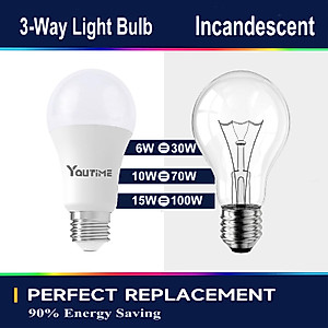 Youtime 3 Way Light Bulbs 30 70 100 Watt Equivalent 2700K Soft White A19, Incandescent Replacement,6/10/15w Energy Saving LED Bulb,Three Way Light Bulbs, 500 1200 1600 Lumens, E26 Base, 4Pack