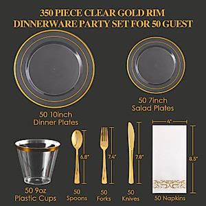 FOCUSLINE 350 Clear Gold Dinnerware Set for 50 Guests, Clear Plastic Plates with Gold Rim Disposable Heavy Duty, Including 50 Dinner Plates, 50 Dessert Plates, 50 Napkins, 50 Cups, 50 Silverware Set