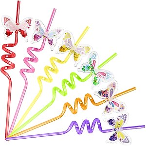 AFZMON Butterfly Drinking Straws 24 PCS Butterfly Party Favors with 2 Cleaning Brush Birthday Party Supplies Long Plastic Straw Girls Party Decorations
