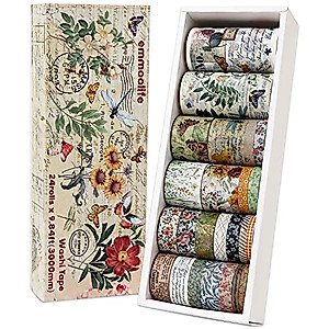 24 Rolls Vintage Washi Tape Set, 5/8/10/15/30/75mm Wide 9.84ft long/Roll Antique Floral Letter Butterfly Mushroom Botanical Writable Decorative Tapes for Scrapbooking Supplies, Junk Journal, Art Craft