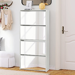 AODAILIHB White Shoe Cabinet for Entryway Slim, Narrow Freestanding Shoe Rack with 4 Flip Drawers&Mirror, Wood Shoe Storage Organizer for Closet, Apartment, and Corridor (Mirror Cabinet)