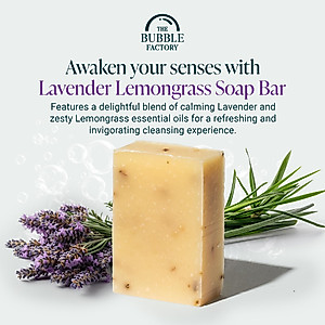 The Bubble Factory Handmade Natural Bath & Body Soap Bar, Vegan, All-Natural, Palm Oil Free, Made in USA with Shea Butter + Essential Oils, Lavender Lemongrass, 3 Bars