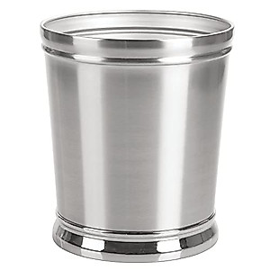mDesign Decorative Metal Round Small Trash Can Wastebasket, Garbage Container Bin - for Bathrooms, Powder Rooms, Kitchens, Home Offices - Durable Solid Steel, Non-Slip Base - Brushed/Chrome