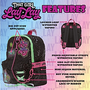 That Girl LayLay Mini Backpack PURSE for Girls, 10 inch, Sequin Material with Lace Up Grommet Details & Appliqued Patches, Adjustable Shoulder Straps, Light Weight Travel bag for kids