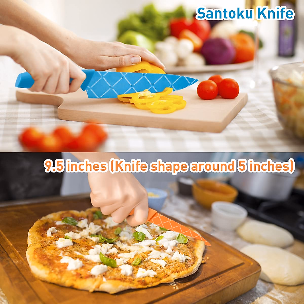 Mosheng Knife Set,5 Piece Colorful Knife Sets with Unique Non Stick Coating Surface,Stainless Steel Knives Set with Covers,Kitchen Knife Box Set,Chef Knife,Santoku Knife,Utility and Paring Knife