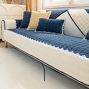vctops Soft Corduroy Sofa Couch Cover, Plaid Sectional Couch Covers, Non-Slip Sofa Slipcover for Dogs Cats Kids(Navy,36"x47")