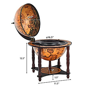 Goplus Tabletop 13” Globe Wine Bar Stand, 16th Century Italian Nautical Chart Liquor Cabinet with Bottom Shelf, Replica Globe Bar Cabinet Wine Rack for Dining Room & Living Room, Retro Brown
