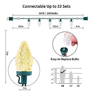 Brightown C9 LED Christmas String Lights, 66ft 100 LED Waterproof Strawberry String Lights, Plug-in Extendable Green Wire Lights String for Outdoor Indoor Outside Patio Wedding Party Decoration