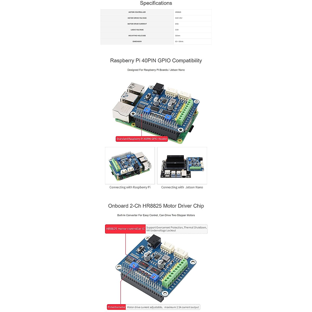 Coolwell HRB8825 Stepper Motor HAT Compatible Raspberry Pi Series Board/Jetson Nano, Drives Two Stepper Motors, 6 Available Microstepping Modes
